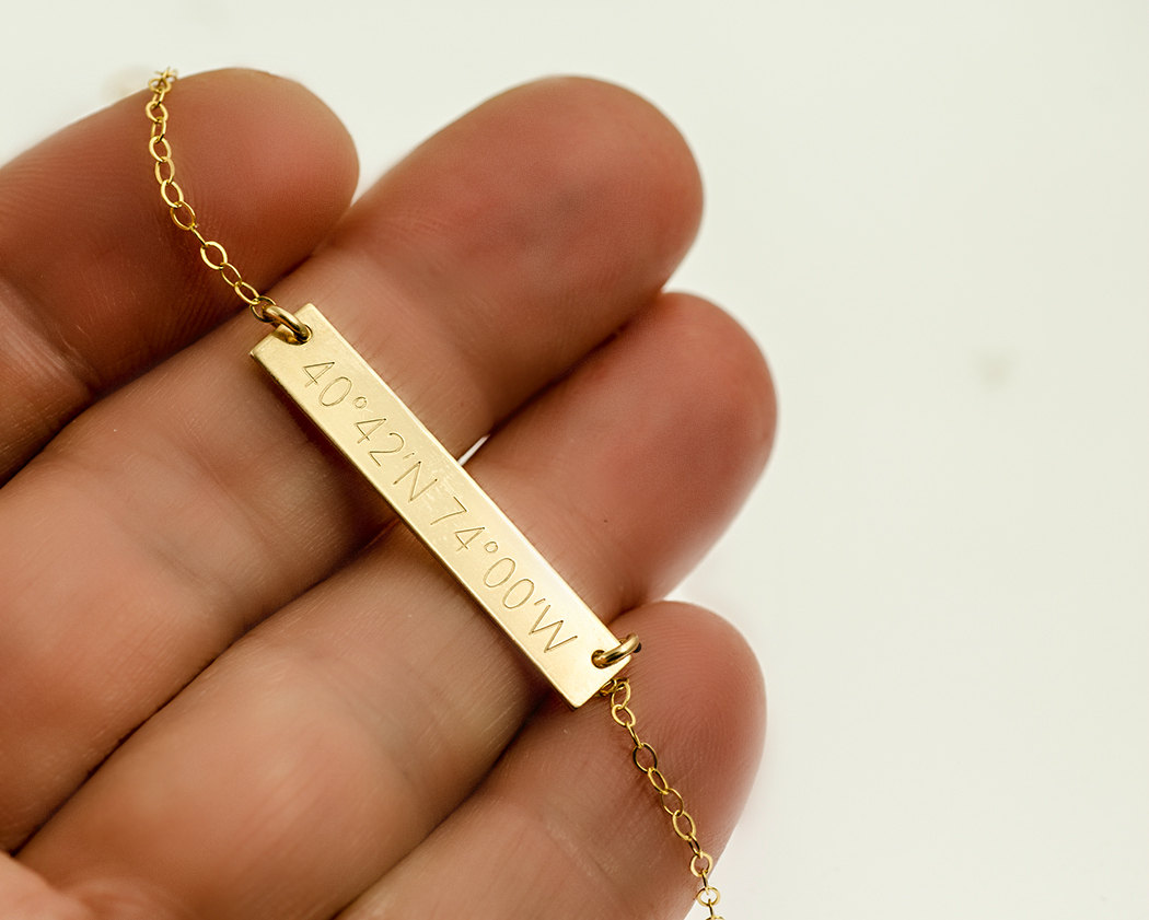 14kt Gold BAR Necklace Engraved Name Initial | Gold Bar Necklace 14K ...