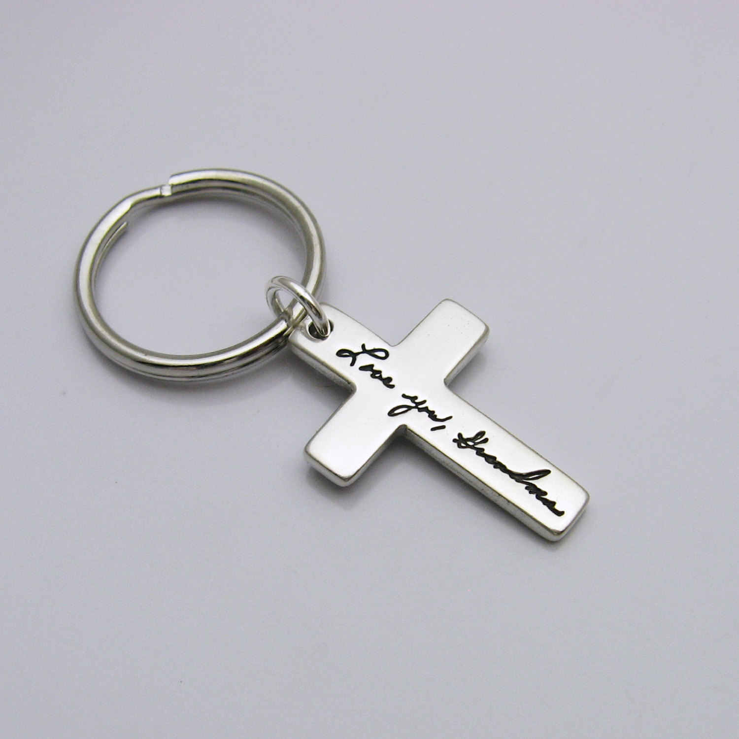 Sterling Silver Cross Handwriting Keychain, Handwriting Cross, Silver ...